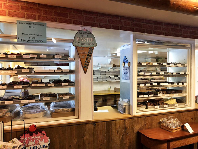 Behind this counter, chocolate dreams come true. The ice cream cone sign reminds us that life's too short not to indulge occasionally.