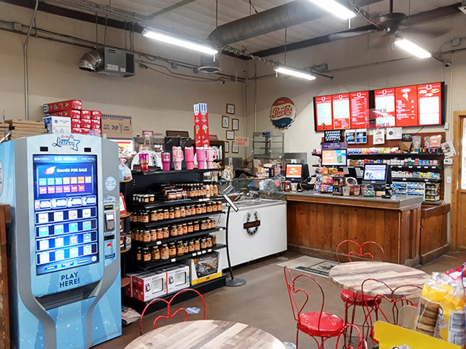 Modern meets nostalgic at the store's hub, where lottery dreams and ice cream realities coexist in delightful harmony.