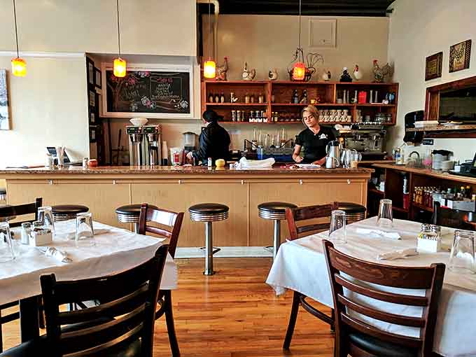 The counter offers front-row seats to the breakfast ballet, where solo diners can watch the kitchen magic unfold.