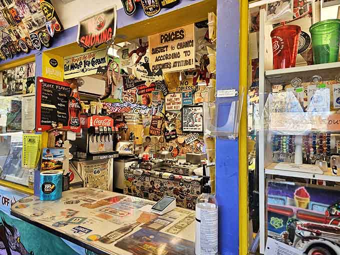 The counter area looks like a museum exhibit on Americana threw up in the best possible way, creating organized chaos that somehow works perfectly.