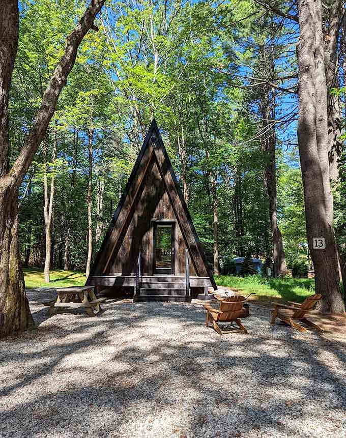 This A-frame cabin offers cozy accommodations where forest meets desert, creating the kind of vacation story that requires photographic evidence to believe.