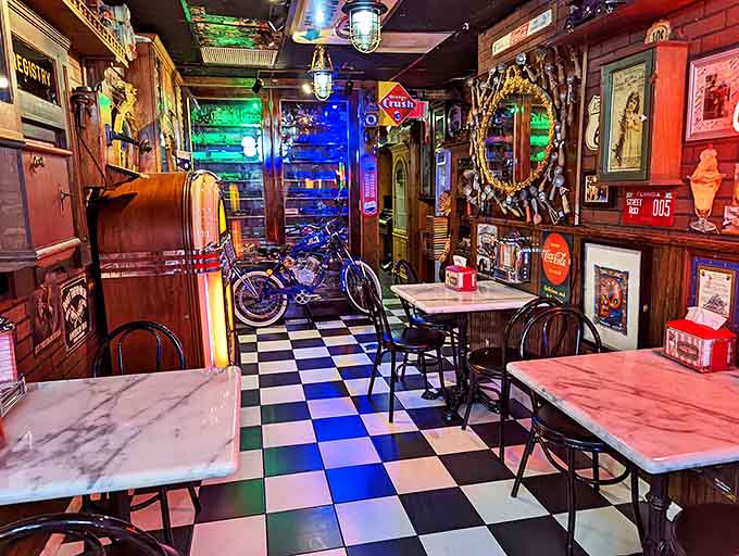 The dining area balances intimacy with openness, creating spaces where conversations flow as freely as the coffee.