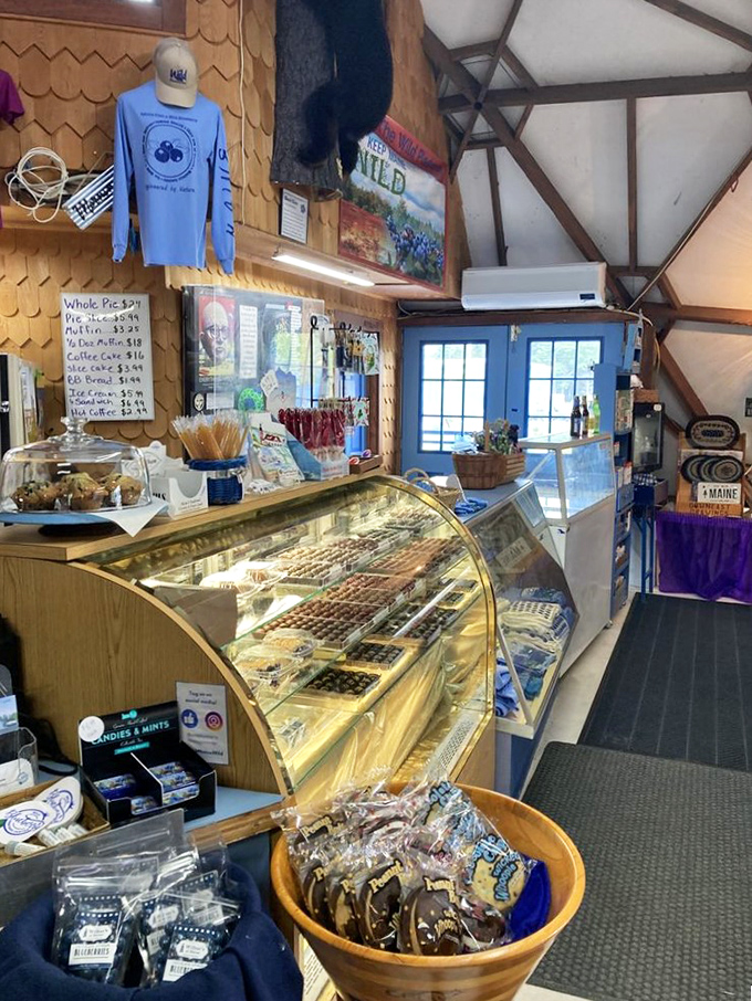 The bakery counter tempts visitors with an array of freshly made treats, each one celebrating Maine's most famous fruit in delicious style.