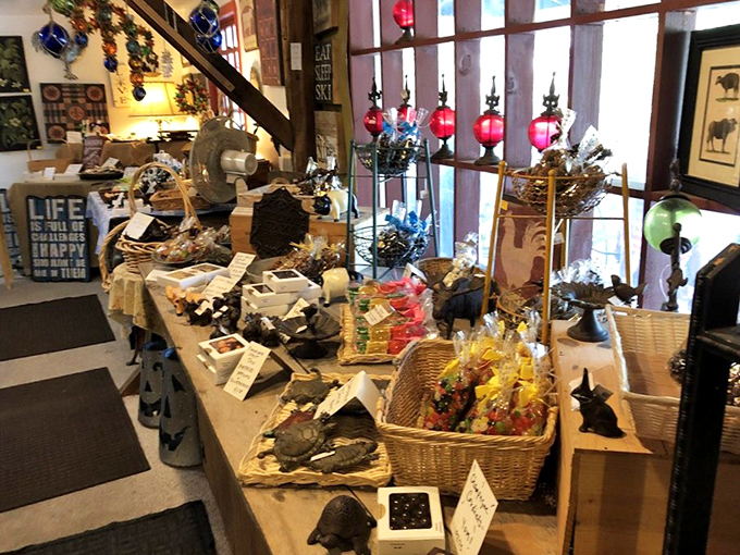 The gift shop area offers Vermont-made treasures beyond just sweets. Each basket and display tells a story of local craftsmanship and tradition.