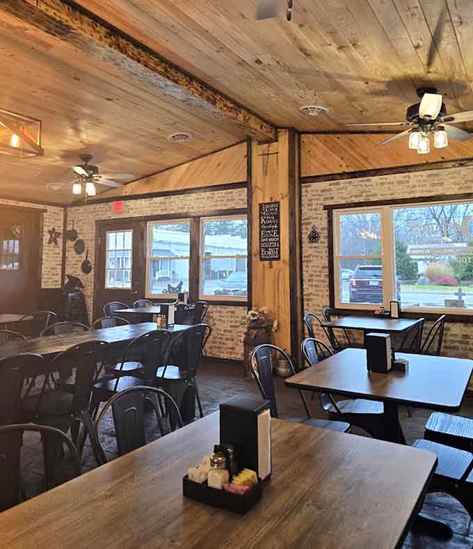 The brick walls and wooden ceiling create an atmosphere that's equal parts cozy diner and comfortable living room.