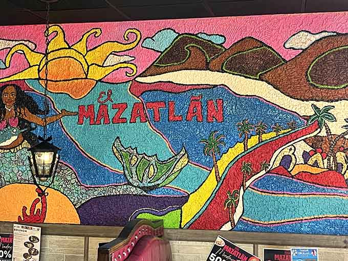 The vibrant Mazatlan mural adds a splash of coastal Mexican charm to your dining experience, no beach required.