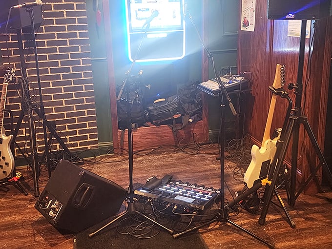 A musician's corner awaits the evening's entertainment &ndash; where Irish ballads and American classics will soon fill the air.