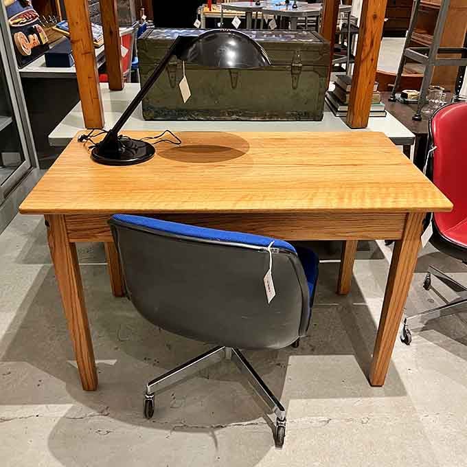 A solid wood desk that's survived decades of use and still looks better than anything you could order online today.