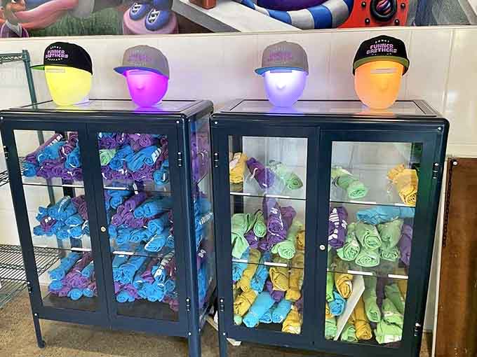 Colorful merchandise displays invite fans to take home more than just donuts &ndash; branded gear that signals membership in the cult of Funner Brothers.