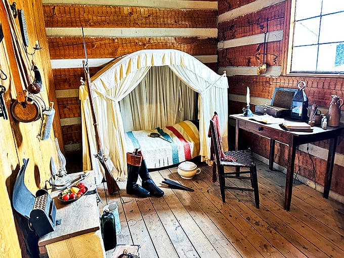 The general's quarters feature a canopied bed that's surprisingly elegant, considering it's surrounded by wilderness and potential danger.