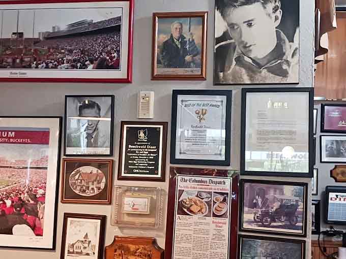 The walls tell Columbus stories through photographs and memorabilia, giving you something interesting to study while you wait happily.