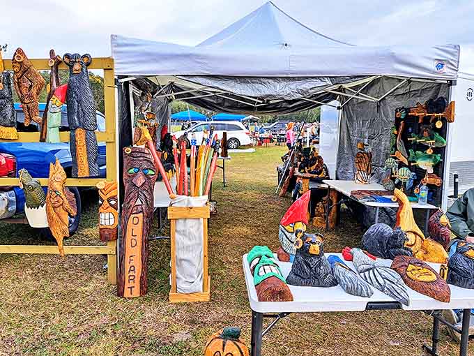 Woodland creatures and coastal characters emerge from raw wood, each carving revealing the personality hiding within that the artist coaxed out.