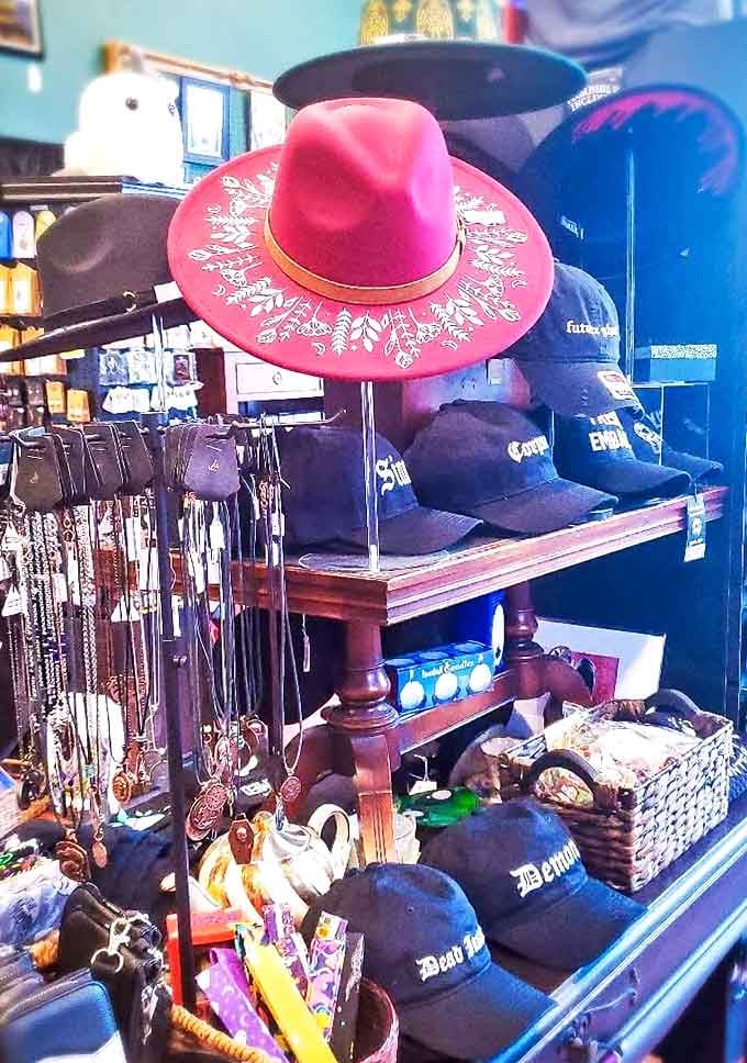 Vintage hats perch like timeless fashion stories, adding flair and whimsy to every antique corner.