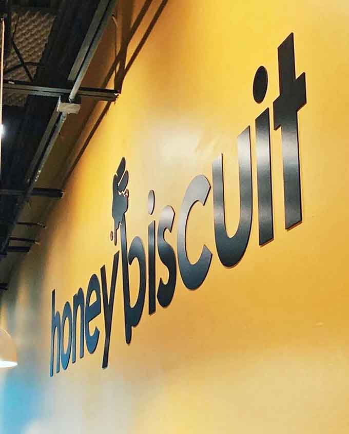 The honeybiscuit logo on sunny yellow walls reminds you exactly where you are, in case the amazing smells hadn't already clued you in.