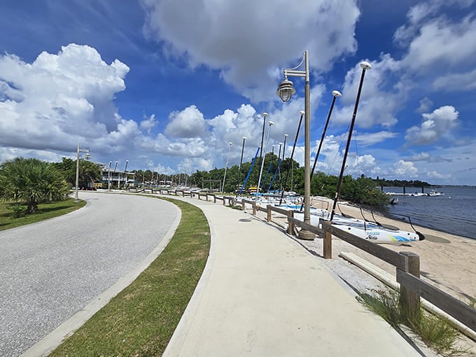Indian Riverside Park's sailboat-lined shore creates a postcard-perfect scene for afternoon strolls and sunset gazing.