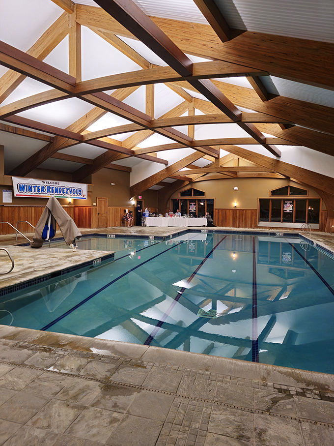 The indoor pool facility offers year-round swimming beneath soaring wooden beams &ndash; mountain views included at no extra charge.