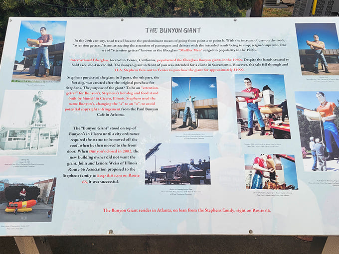 An informational display reveals the Bunyon Giant's colorful history, from roadside attraction to preserved piece of Americana.