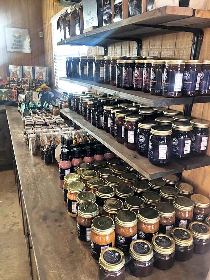 Jars of liquid sunshine line these shelves &ndash; from blueberry honey to strawberry preserves, each contains a taste of Southern Hill's seasonal bounty.