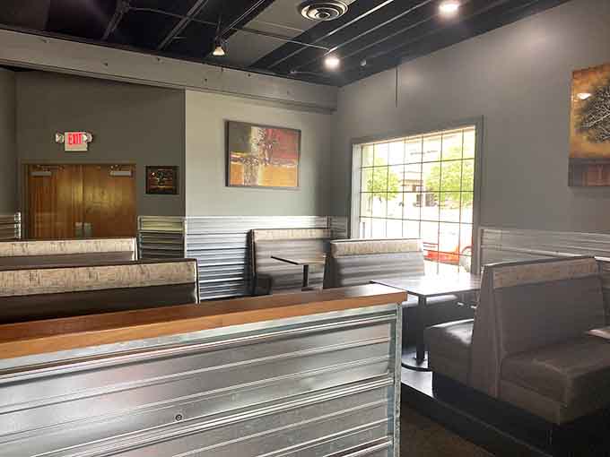 Comfortable booths and clean lines create the perfect spot for settling in with friends and food.