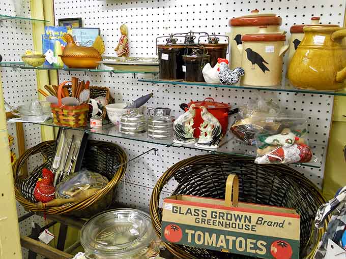 The kitchenware section bursts with vintage charm &ndash; from chicken-themed ceramics to baskets that have held generations of farm-fresh eggs.