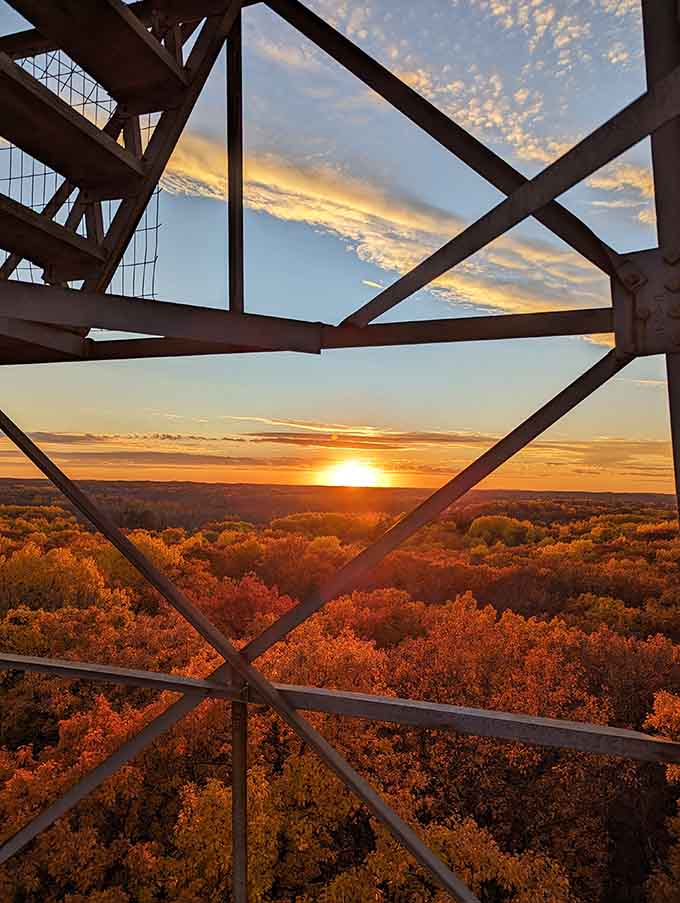 Sunset from the fire tower proves that sometimes the best seats in the house require climbing lots of stairs.