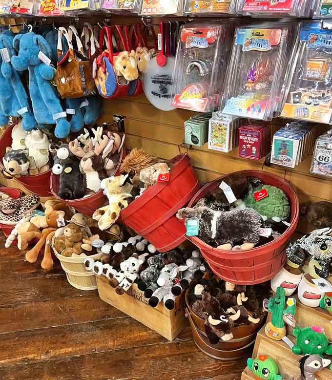 Stuffed animals fill baskets like a cuddly treasure hunt, offering companions for kids and adults who appreciate soft things.