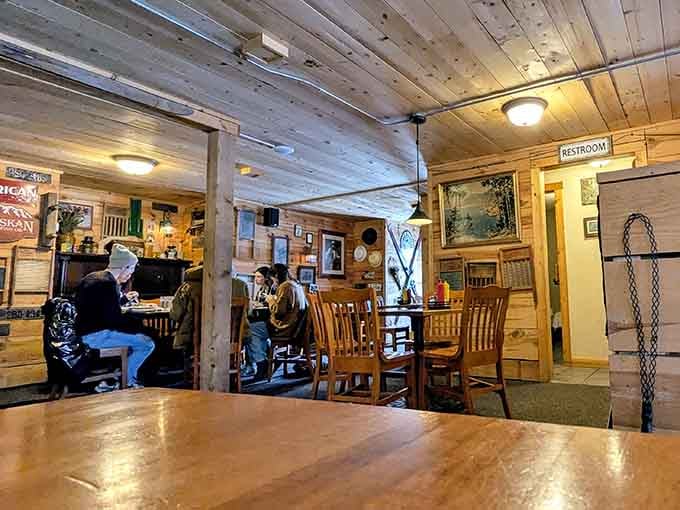 The dining area invites lingering, with comfortable seating and decor that makes you feel like you're eating at a really cool friend's cabin.