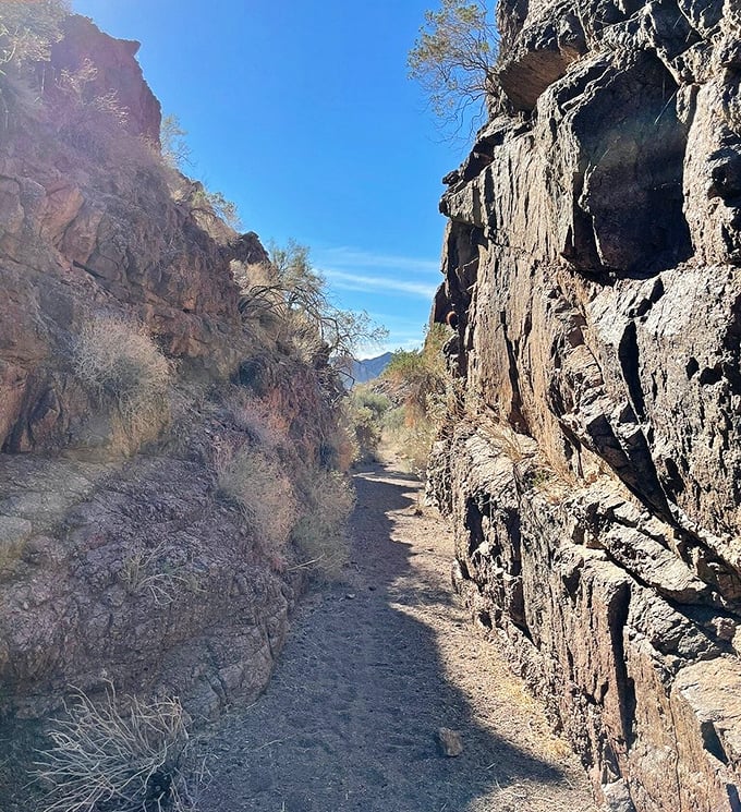 Dramatic canyon walls frame hiking trails, creating natural corridors between towering rock formations and adventure.