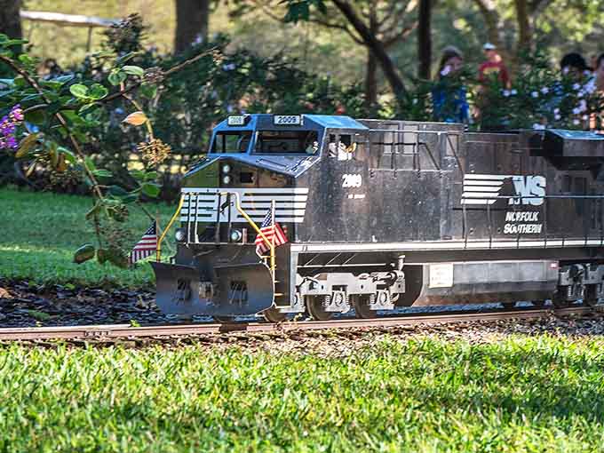 The impressive detail of this Norfolk Southern replica demonstrates why train enthusiasts travel from miles around to see these miniature marvels in action.