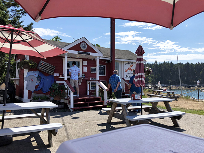 Visitors enjoy the sunny waterfront setting at McLoons Lobster Shack, ordering fresh seafood and relaxing at picnic tables by the beautiful Maine coast.