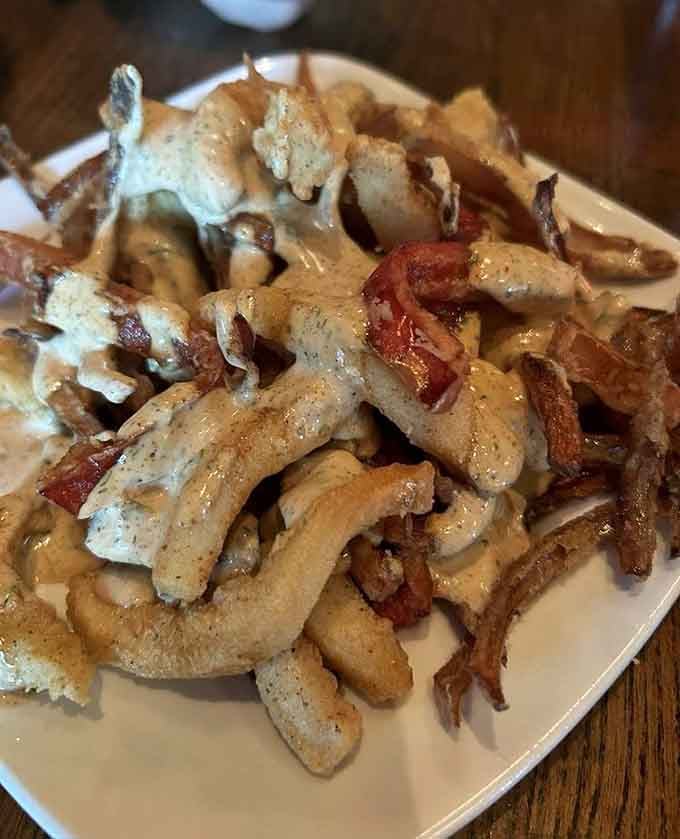 Fried calamari arrives golden and crispy, topped with more fried onions because apparently one fried thing isn't quite enough.