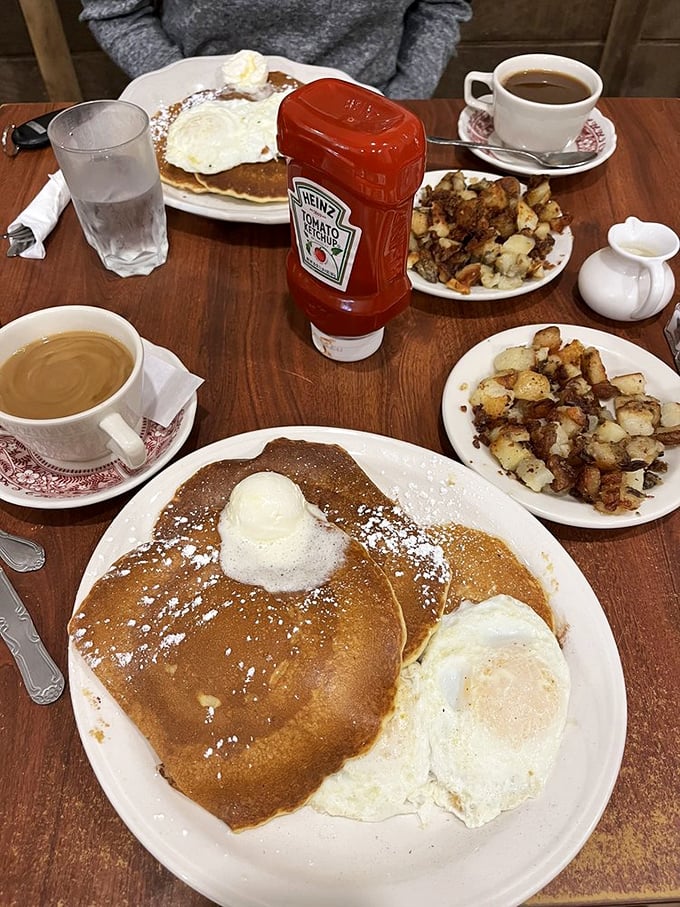 The quintessential Vermont breakfast spread &ndash; pancakes, eggs, and home fries arranged like edible artwork on classic diner plates.