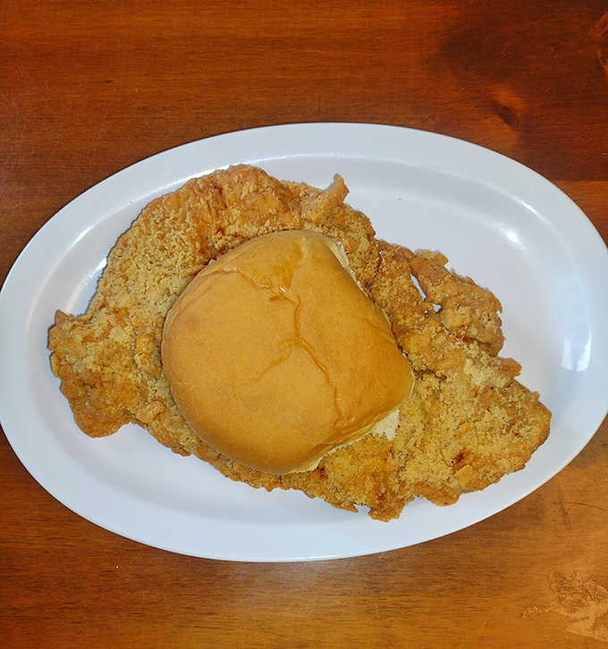 The breaded pork tenderloin extends gloriously beyond its bun, as any self-respecting Midwestern tenderloin absolutely should do.