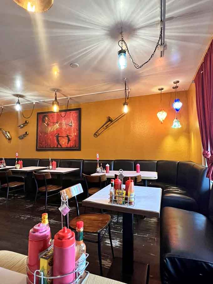 The dining room's eclectic charm makes you feel like you're eating in someone's really cool, slightly quirky living room.