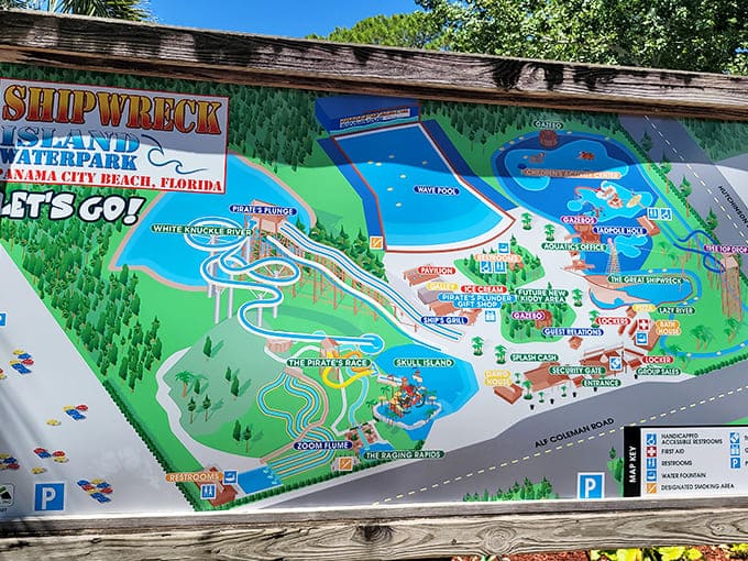 The treasure map to aquatic adventure! Navigate Shipwreck Island's attractions with this colorful guide to splashy fun.