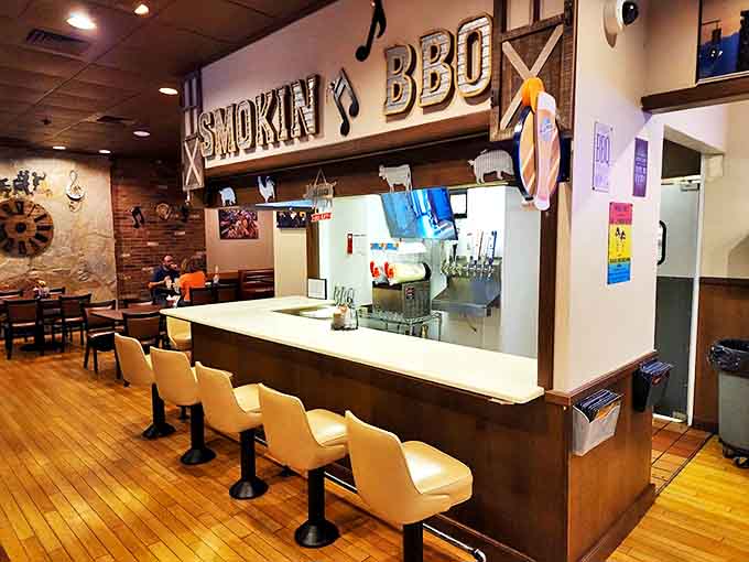 The counter at Smokin' Notes, where BBQ dreams come true and diet plans go to die. Worth every calorie.