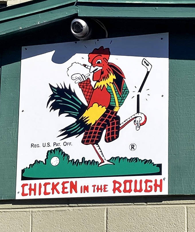 The golf-playing rooster mascot isn't just cute – he's warning other chickens what happens when you taste this good.