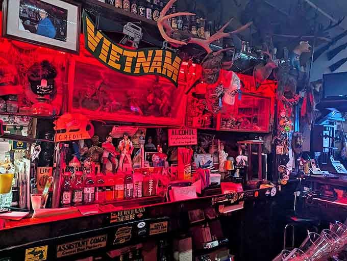 Vietnam-era memorabilia shares space with vintage advertisements and local artifacts, honoring the service of area veterans throughout the decades.