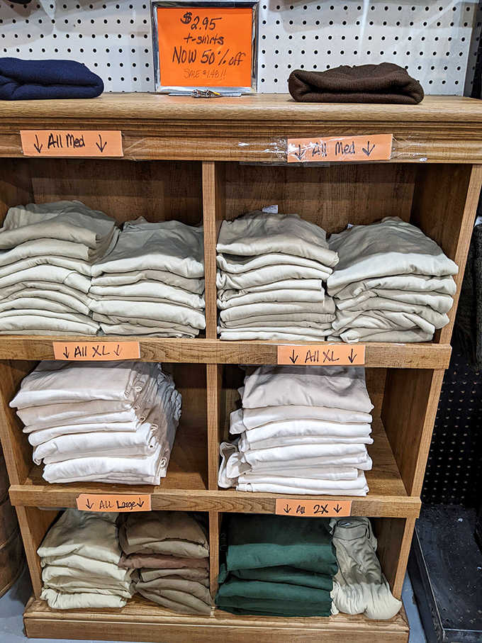 Neatly organized t-shirts await new owners, their practical display and bargain prices making everyday vintage accessible to shoppers of all budgets.