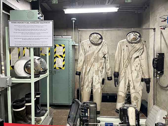 Protective suits that fuel handlers wore because the propellants were so toxic they could kill in seconds, adding danger to an already tense job.