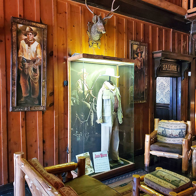 John Wayne memorabilia holds court in the waiting area, reminding visitors of Arizona's storied connection to Hollywood Westerns.