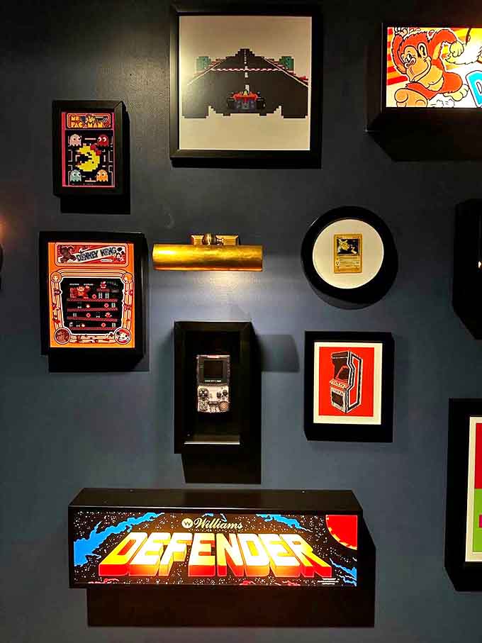 Gaming history adorns the walls with iconic arcade memorabilia, creating a museum-like tribute to the pixels and joysticks that paved the way.