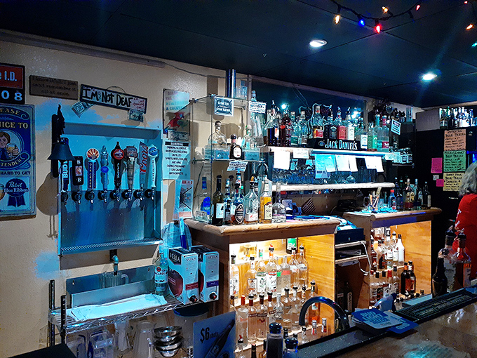 A well-stocked oasis with gleaming taps and bottles promising liquid refreshment after a long day's journey on the Mother Road.