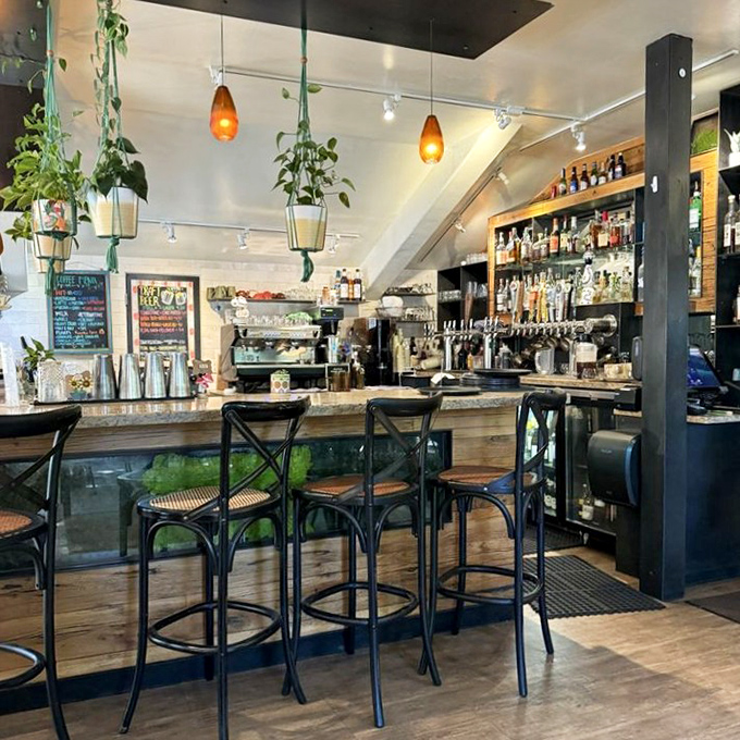 The bar area combines rustic charm with modern touches&mdash;hanging plants and amber pendant lights create a space that's both stylish and welcoming.