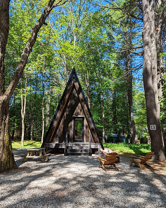 A-frame architecture meets forest retreat in these distinctive cabins, offering shelter with style at the edge of Maine's curious desert.