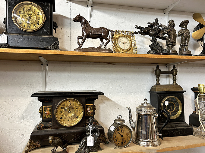 Time literally stands still in this collection of ornate clocks and figurines, each piece a testament to bygone craftsmanship.