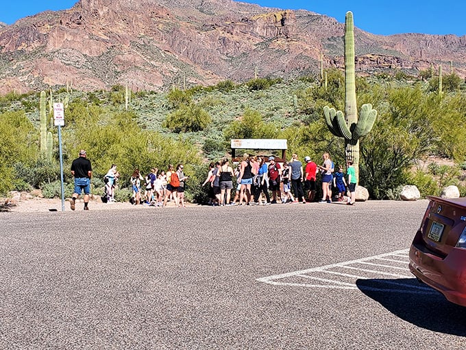 The weekend hiking club assembles! Nothing says "popular trail" quite like a parking lot gathering that resembles a outdoor gear convention.