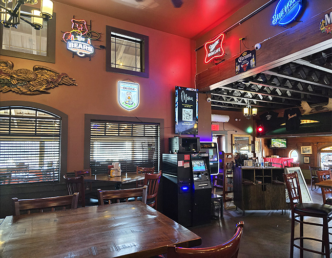 The dining area blends sports bar comfort with historic charm, where Chicago sports memorabilia shares space with vintage railroad touches.