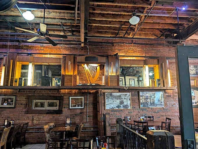 Warm wood, exposed brick, and thoughtfully placed Irish memorabilia create an atmosphere that's both authentic and inviting without crossing into theme-park territory.
