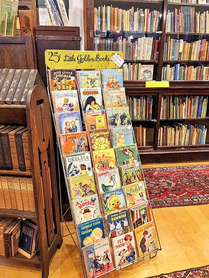 Vintage Little Golden Books stand like a portal to childhood, their distinctive gold spines instantly recognizable to generations of readers.